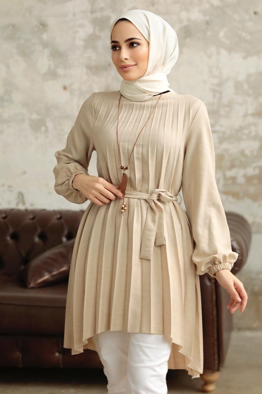 Neva Style - Beige Hijab Turkish Tunic 41233BEJ - tesetturisland.com