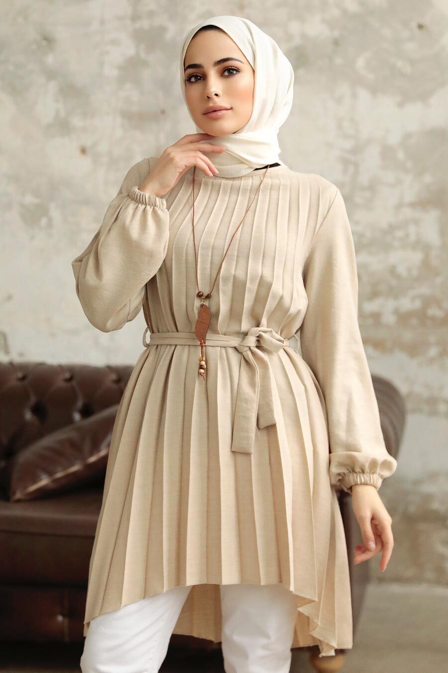 Neva Style - Beige Hijab Turkish Tunic 41233BEJ - tesetturisland.com