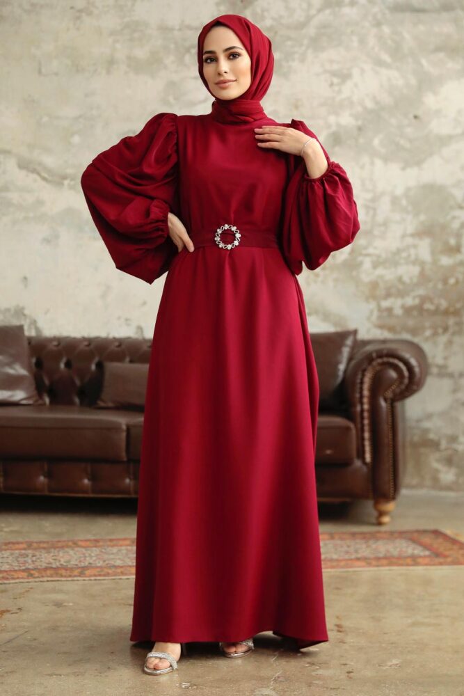 Claret Red Hijab Turkish Dress 5866BR - Neva-style.com