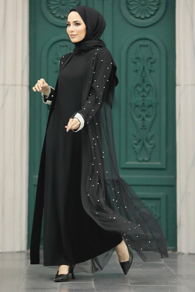 Neva Style - İnci Detaylı Siyah Abaya Tesettür İkili Takım 30121S ...