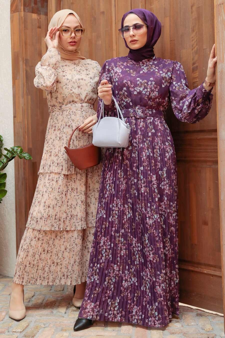 Neva Style - Kat Kat Bej Tesettür Elbise 3360BEJ - Tesetturisland.com