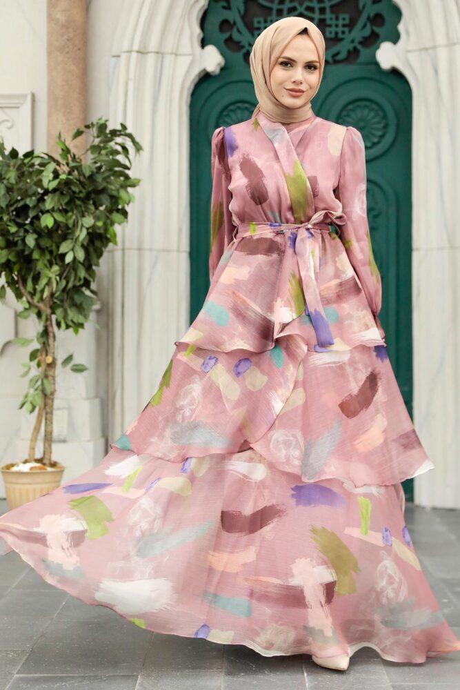 Neva Style - Kat Kat Gül Kurusu Tesettür Elbise 3825GK - Tesetturisland.com