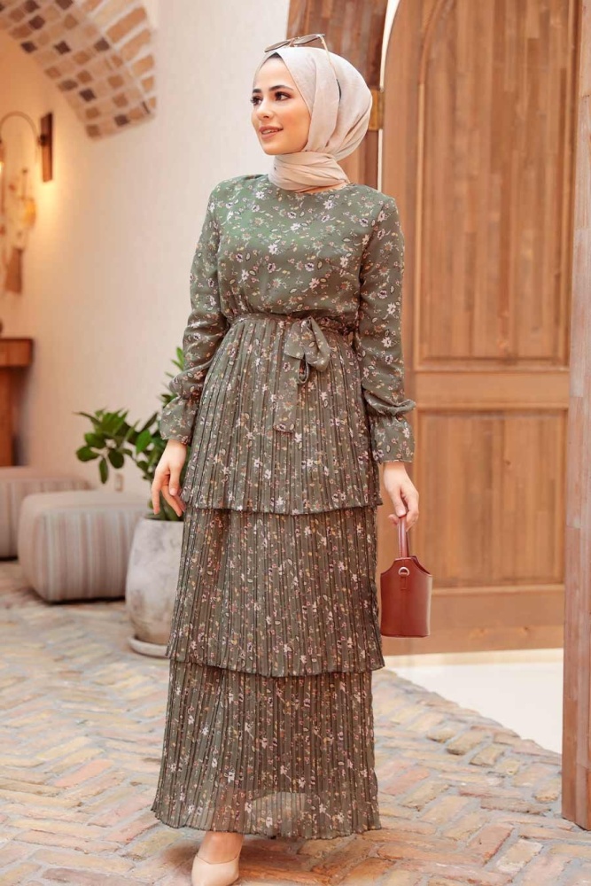 Neva Style - Kat Kat Haki Tesettür Elbise 3360HK - Tesetturisland.com
