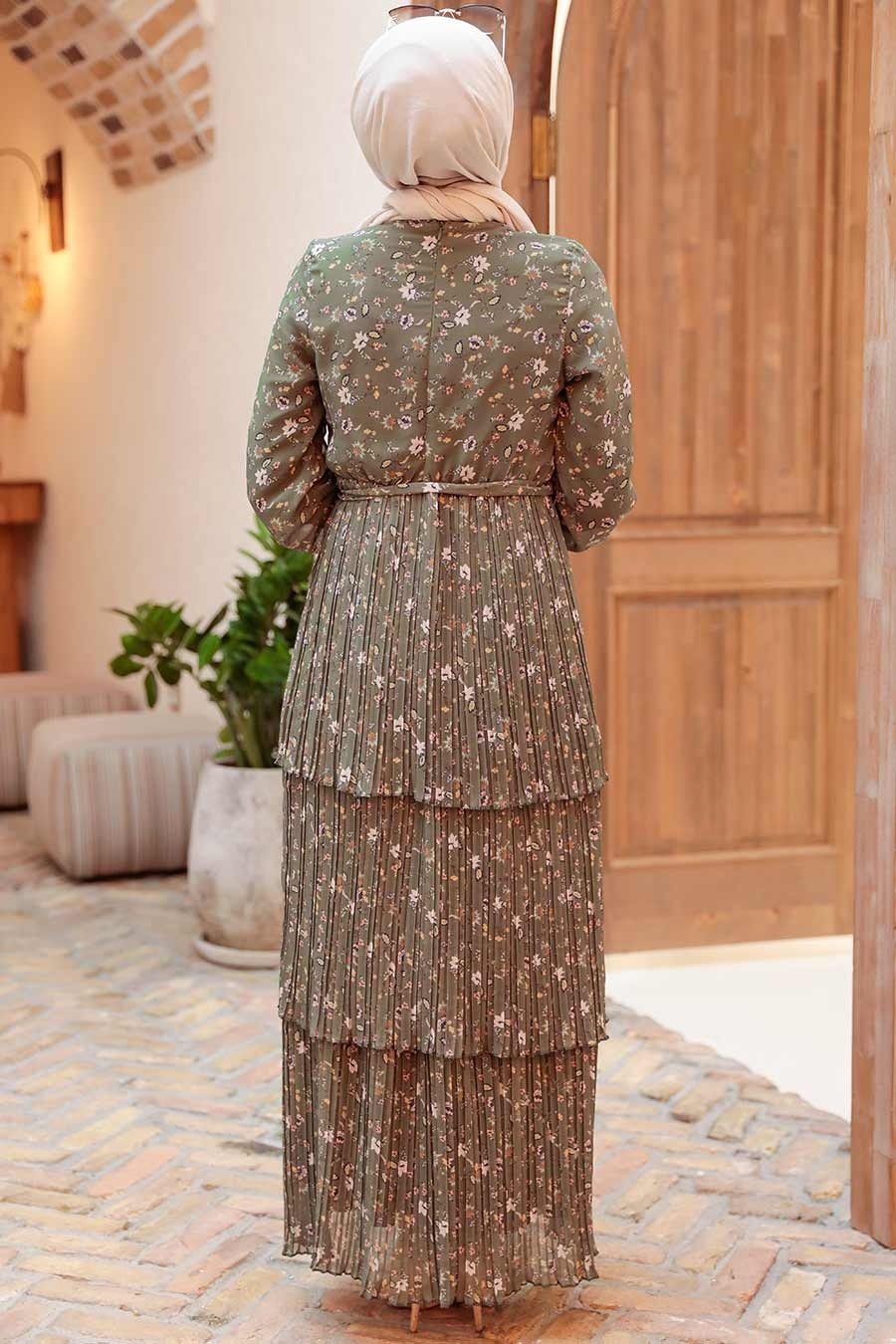 Neva Style - Kat Kat Haki Tesettür Elbise 3360HK - Tesetturisland.com