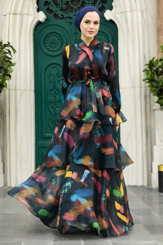 Neva Style - Kat Kat Siyah Tesettür Elbise 3825S - Tesetturisland.com