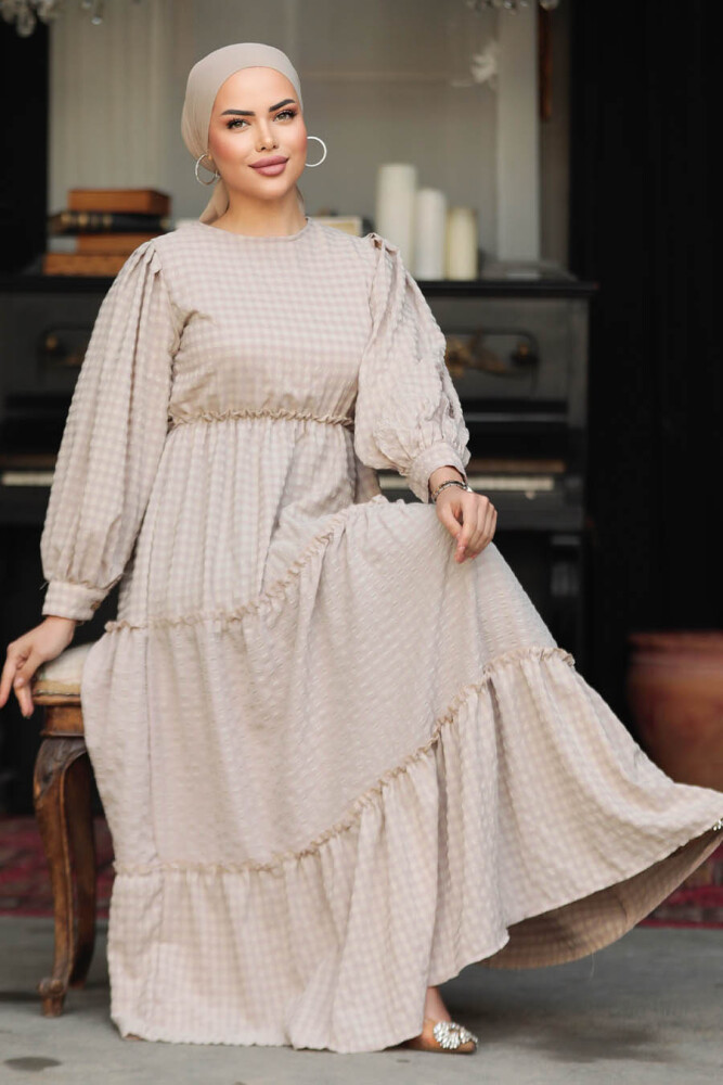 Neva Style - Kat Piliseli Bej Tesettür Elbise 3033BEJ - Tesetturisland.com
