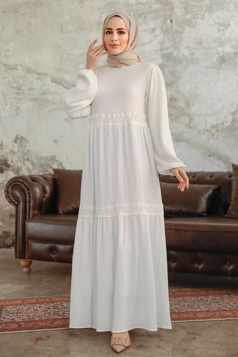 Neva Style - Kat Piliseli Ekru Tesettür Elbise 5856E - Tesetturisland.com