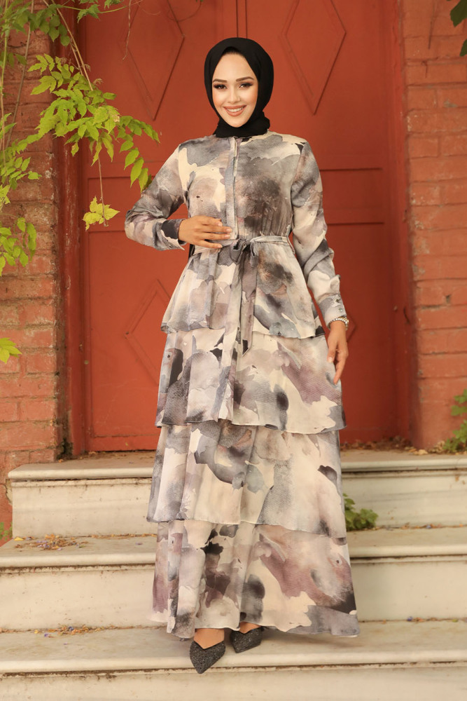 Neva Style - Kat Volanlı Gri Tesettür Elbise 33079GR - Tesetturisland.com