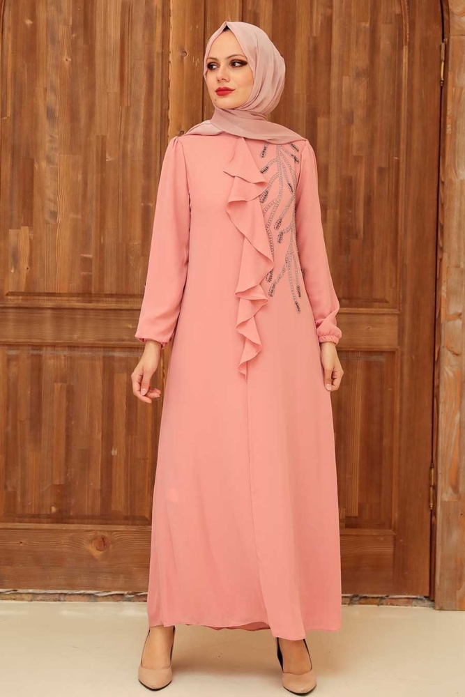 Neva Style Modern Salmon Pink Islamic Long Sleeve Dress 12951smn